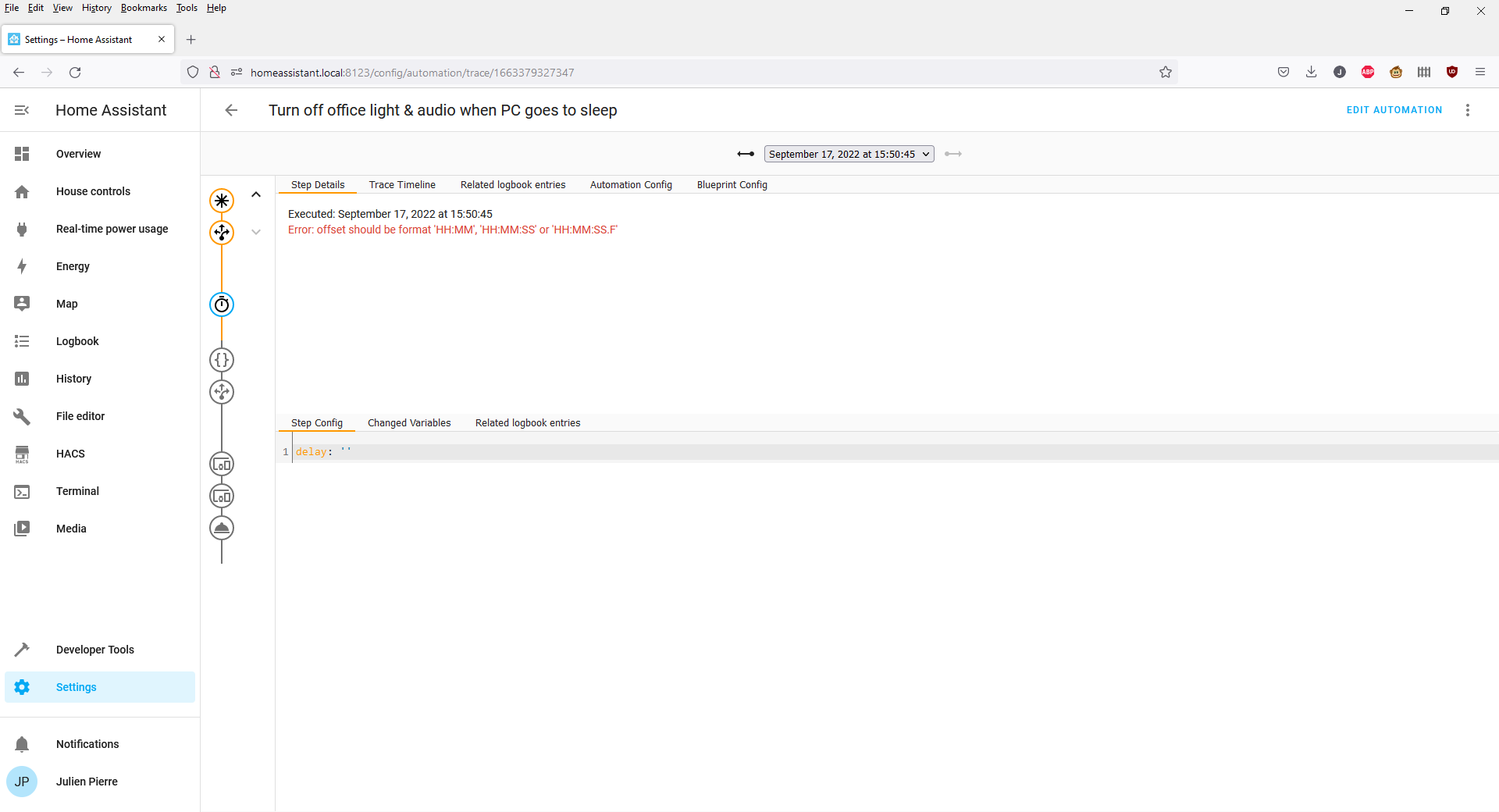 Automation not executed. Error: offset should be format 'HH:MM', 'HH:MM:SS' or 'HH:MM:SS.F ...