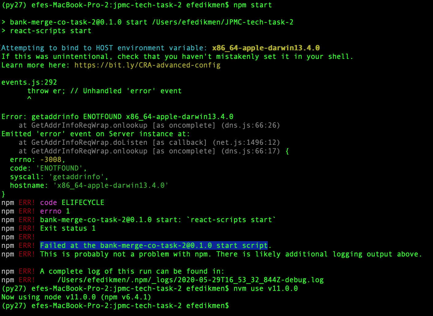 Npm Start Gives Error Failed At The Bank Merge Co Task 2010 Start 