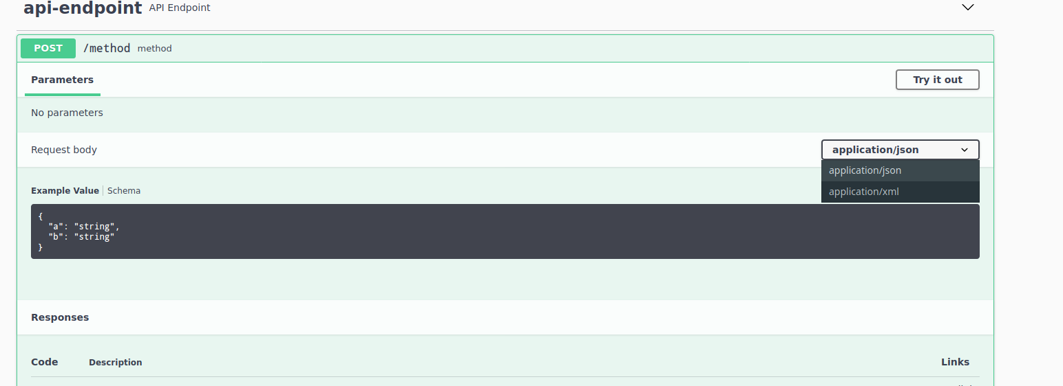 Post endpoint with one consumes (application/xml) shows two consumes (application/json ...