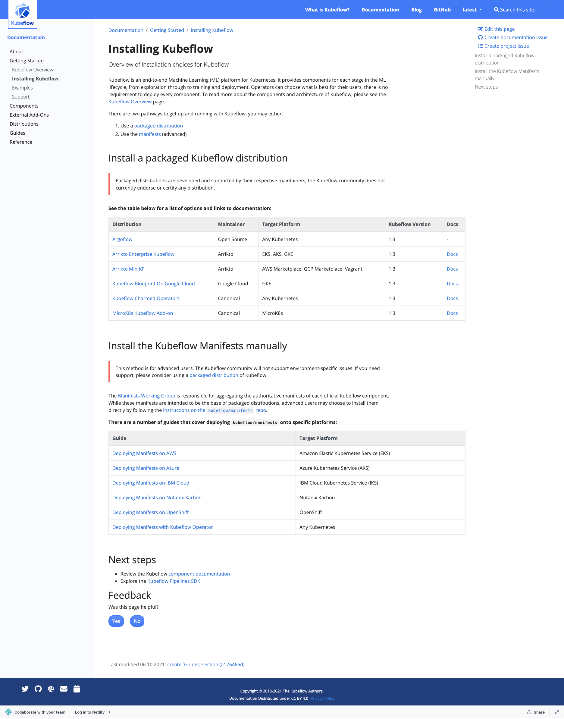 Update the installation page to update the distributions table for Kubeflow 1.4 · Issue #2991 ...