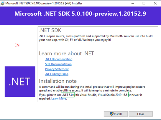 On The Installation Wizard Of Net 5 Preview1 With Localized Language The Net And Vs Version