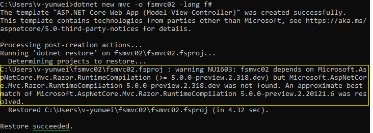 With .Net 5, "dotnet restore" for F# mvc succeeded with warning NU1603. · Issue #20094 · dotnet ...