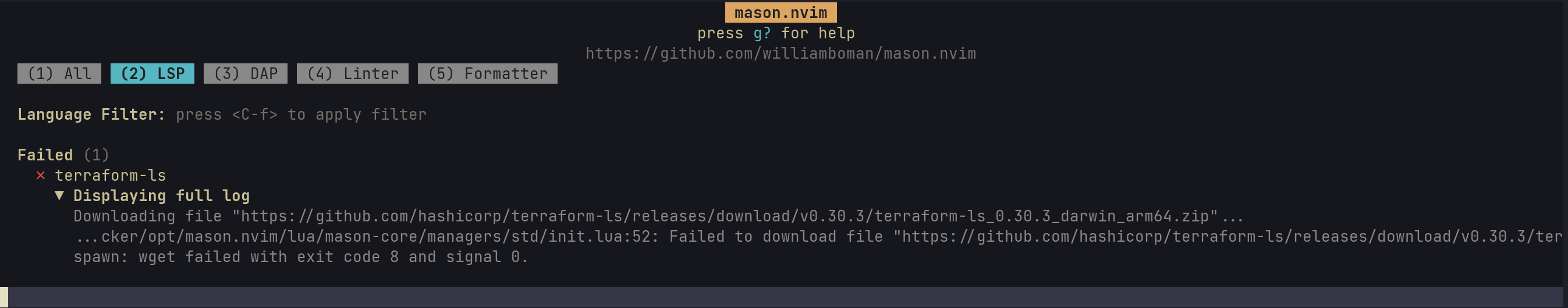 Unable to install terraform-ls · Issue #163 · mason-org/mason-lspconfig.nvim · GitHub