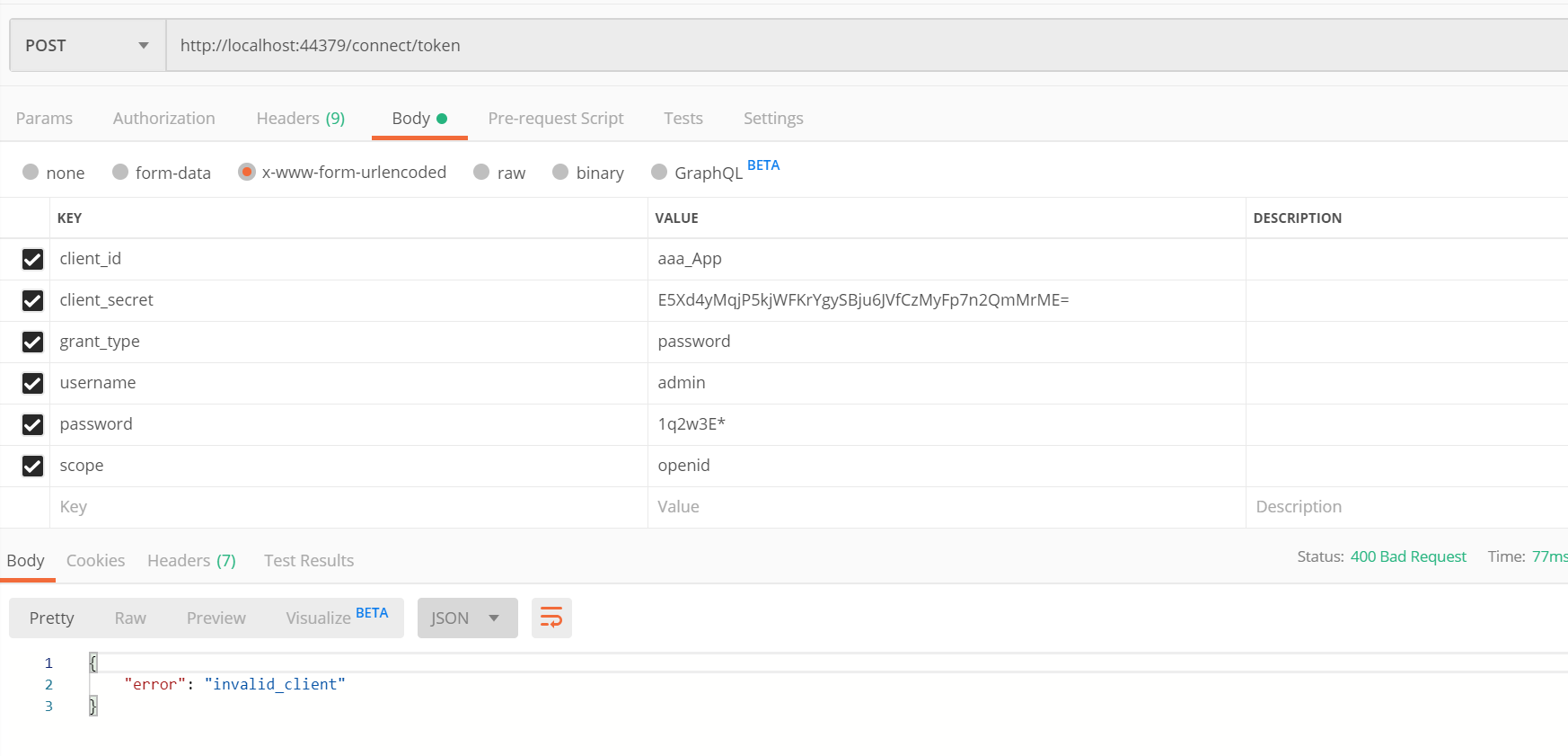 why I always got ""error": "invalid_client"" · Issue #2233 · abpframework/abp · GitHub