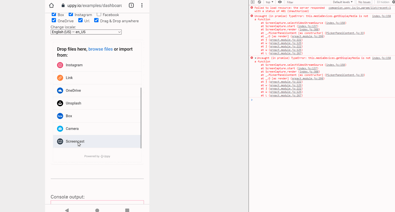 Screencapture plugin not working in mobile · Issue #3703 · transloadit/uppy · GitHub