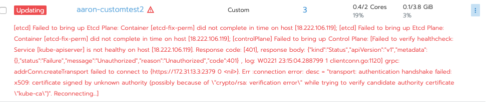 Sometimes custom cluster provisioning stuck in "Updating" state with "401" unauthorized error ...