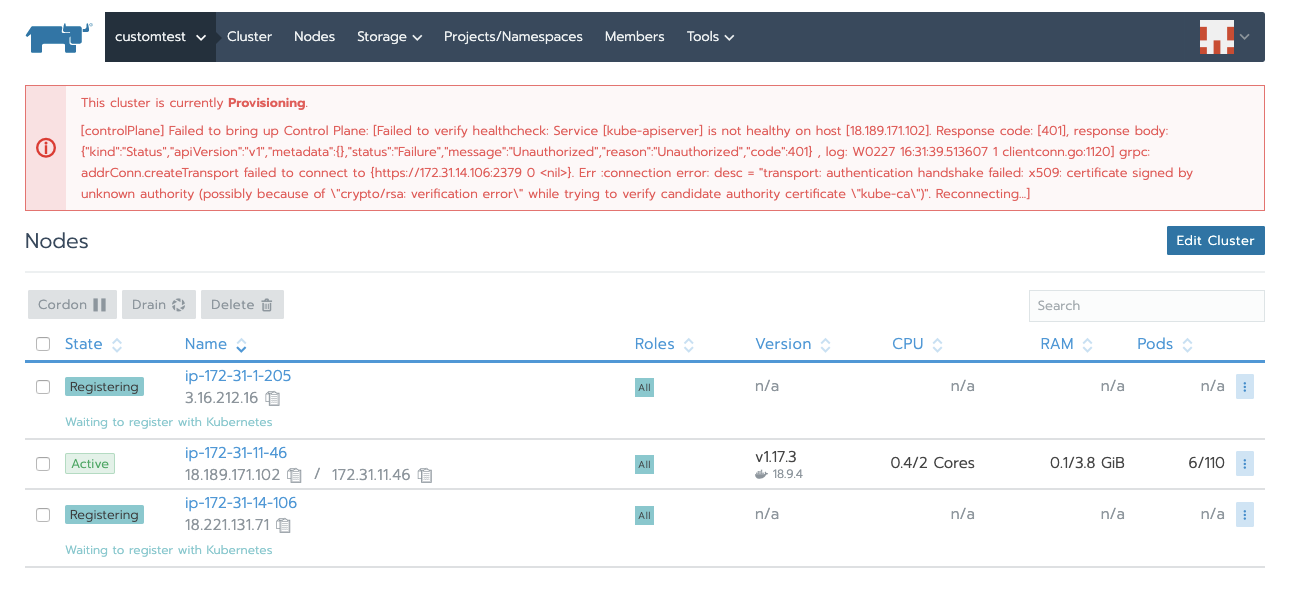 Sometimes custom cluster provisioning stuck in "Updating" state with "401" unauthorized error ...