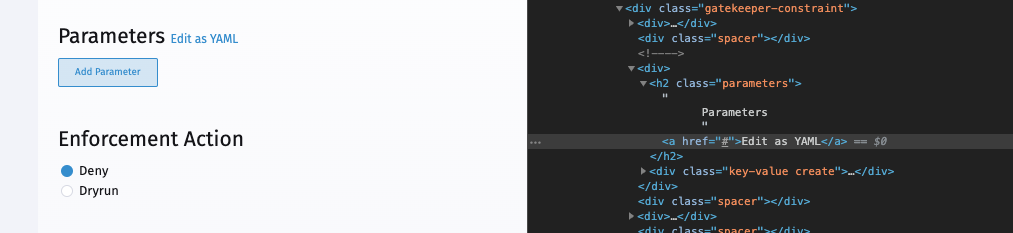 rancher-gatekeeper - When creating a new constraint if I click in Edit as YAML in the Parameters ...