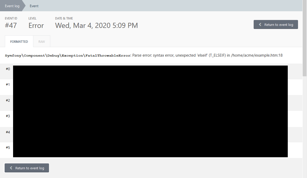 Remove the 'Show the stacktrace' button in event logs · Issue #4969 · octobercms/october · GitHub
