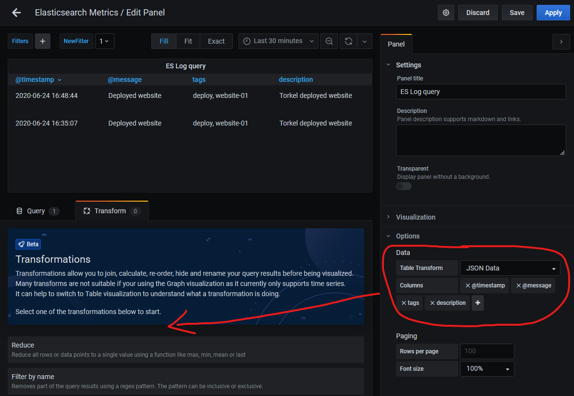 Elasticsearch: Raw document query render raw JSON documents in each row in the new table panel ...