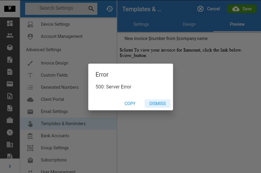 Missing input sanitation for mail template / 500: Server Error · Issue #7959 · invoiceninja ...