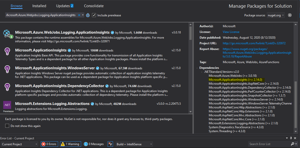 Microsoft.Azure.WebJobs.Logging.ApplicationInsights NuGet package has dependency with known ...