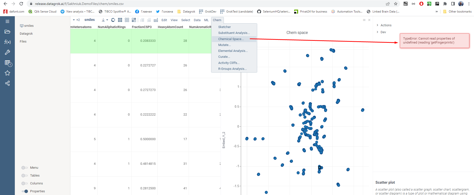 Chem | Chemical space: Error balloon after running · Issue #1212 · datagrok-ai/public · GitHub
