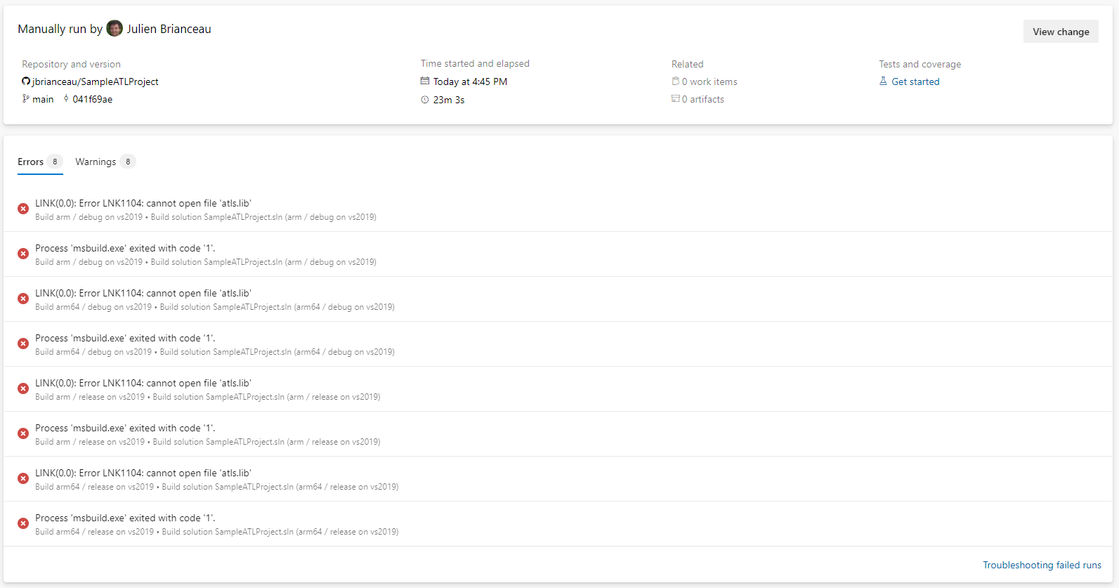 Link issue with C++ ATL libraries for ARM and ARM64 with windows-2019 environment when using ...