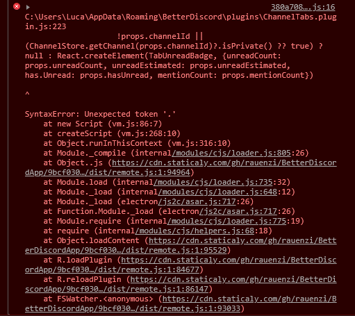 [ChannelTabs] Issue: Unexpected token '.' · Issue #74 · aarondoet/BetterDiscordStuff · GitHub