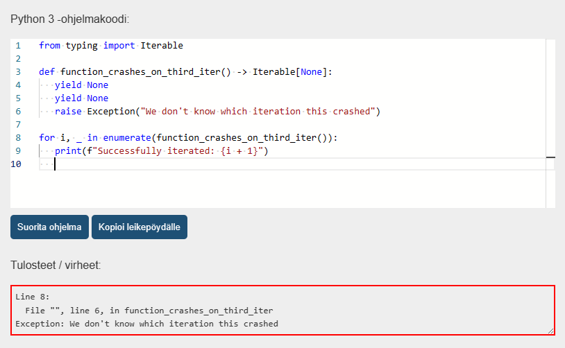 Python editor should display stdout on error. · Issue #692 · digabi/koe-ohje · GitHub