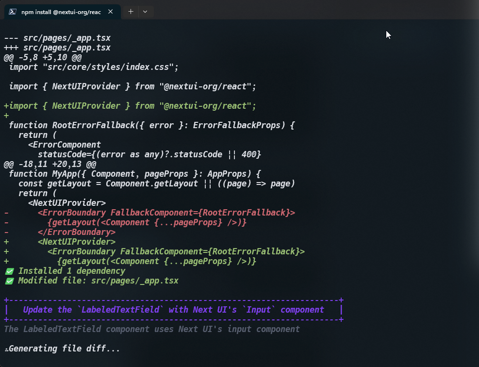 next-ui recipe stuck "generating file diff" · Issue #4189 · blitz-js/blitz · GitHub