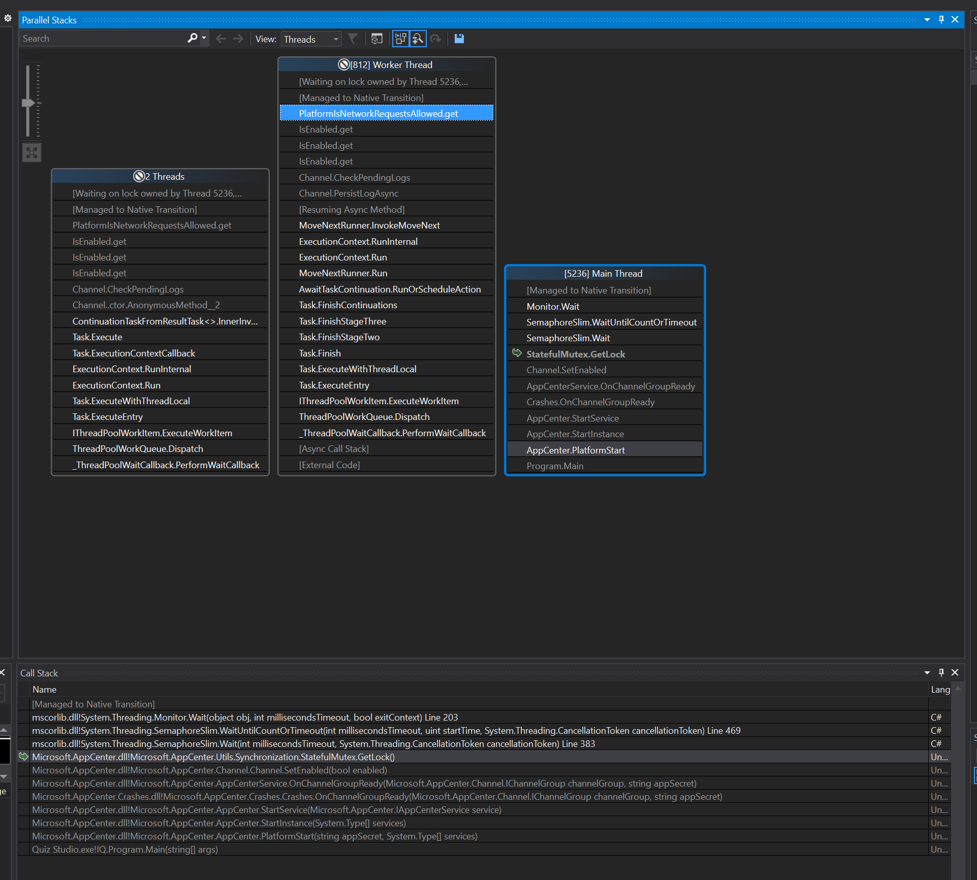 Occasional deadlock in AppCenter.Start() · Issue #1612 · microsoft/appcenter-sdk-dotnet · GitHub