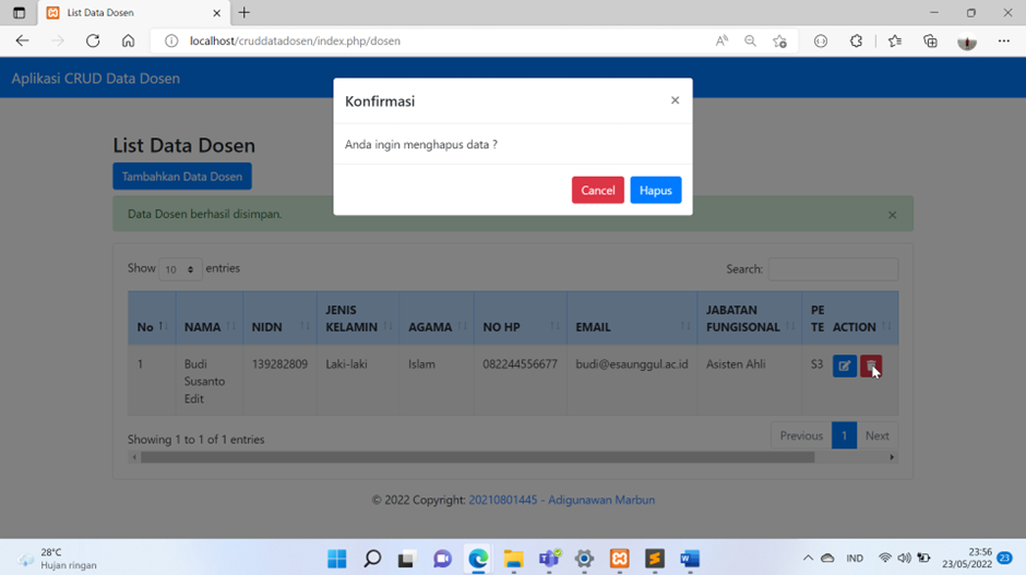 GitHub - adimarbun/CI-3-CRUD-Data-Dosen: CRUD Menggunakan CI 3