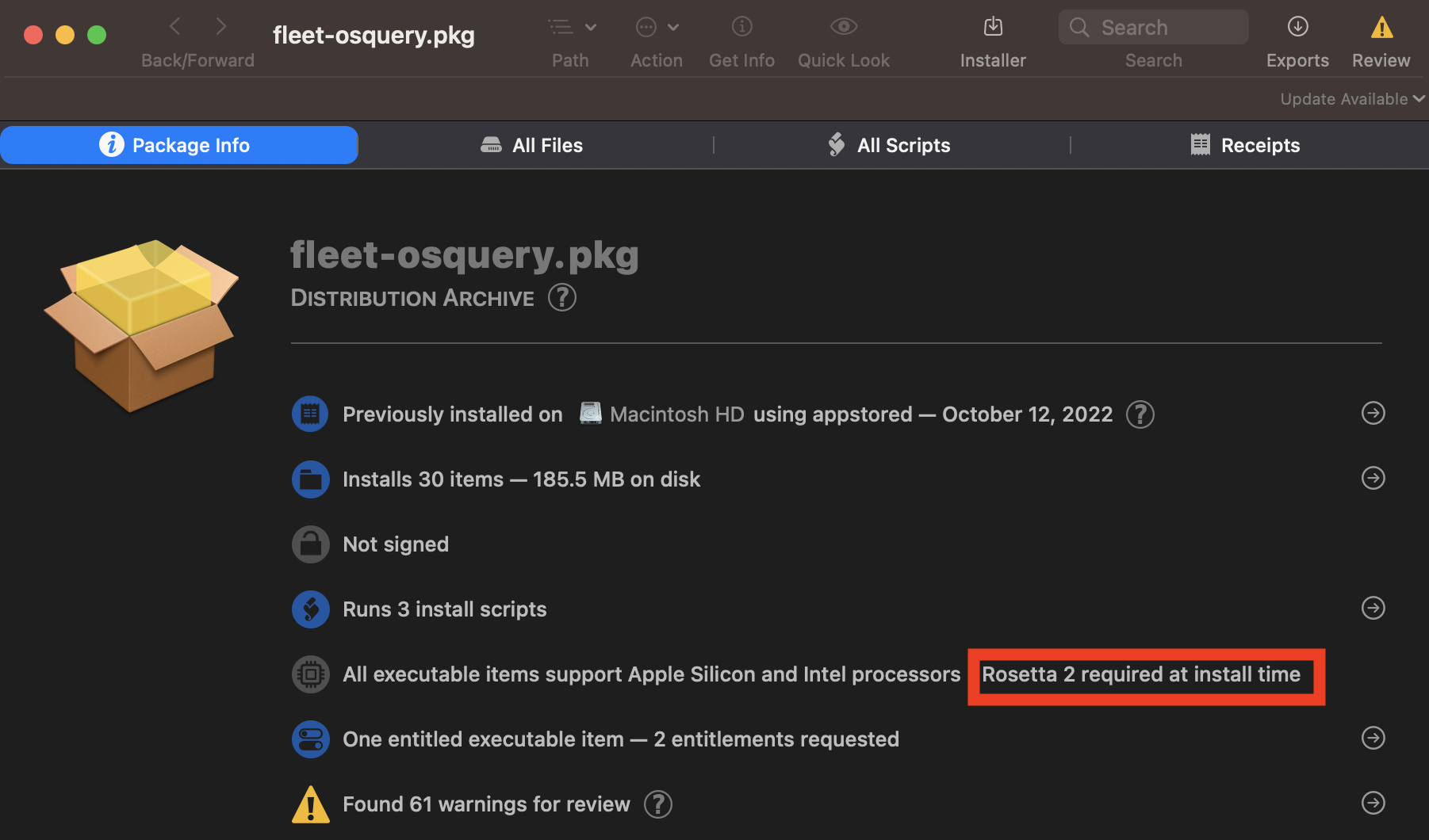 Rosetta required at install time for fleetd packages · Issue #9932 · fleetdm/fleet · GitHub