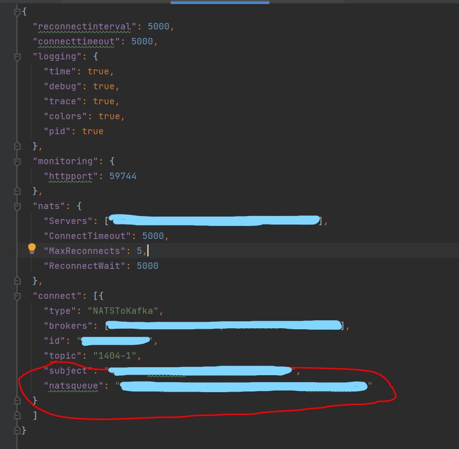 "natsqueue" key for connector config of NATS connections in the documentation should be ...