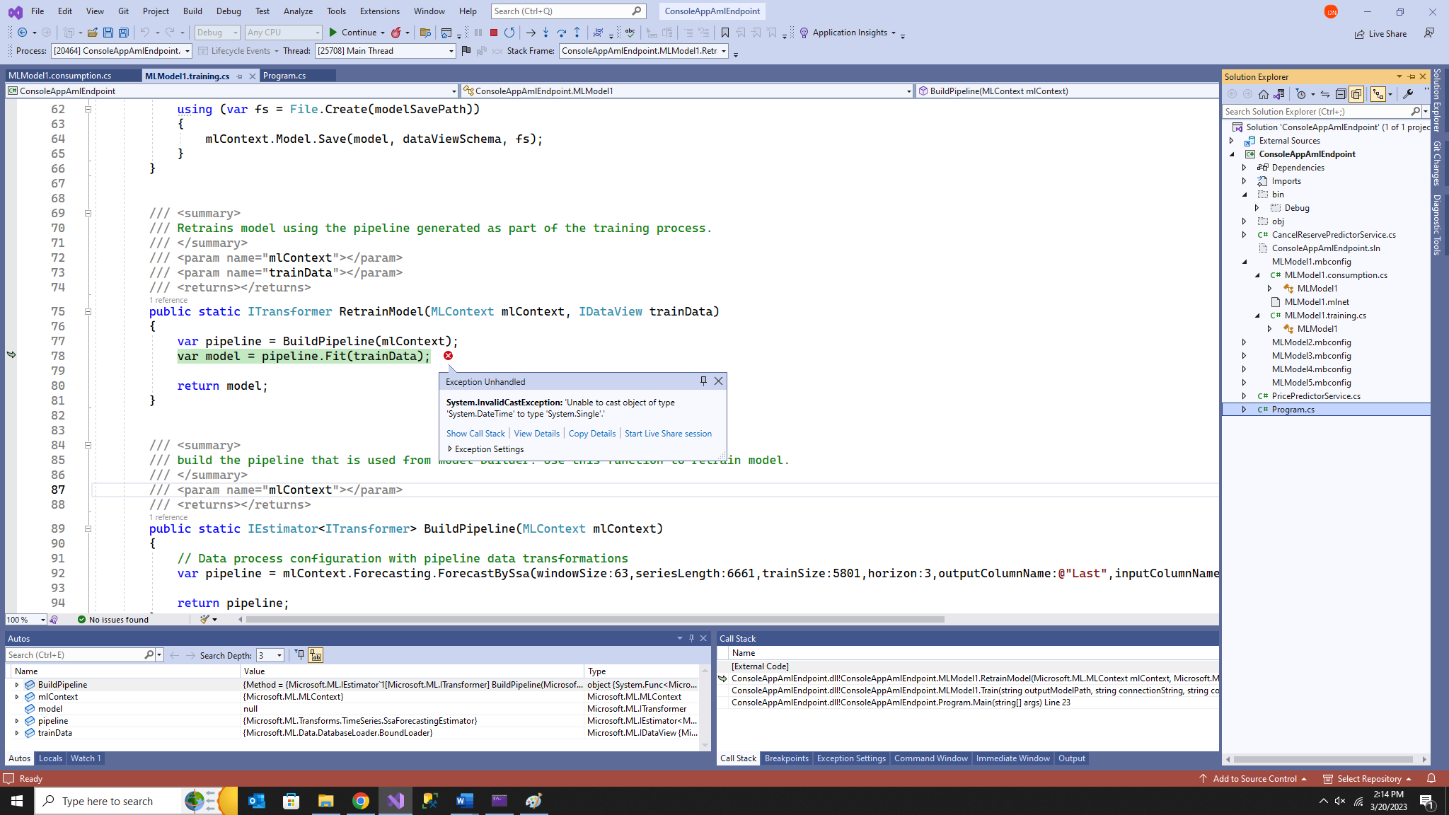 DataSeries Date causing invalid date to single cast exception when retraining via MLModel1.Train ...
