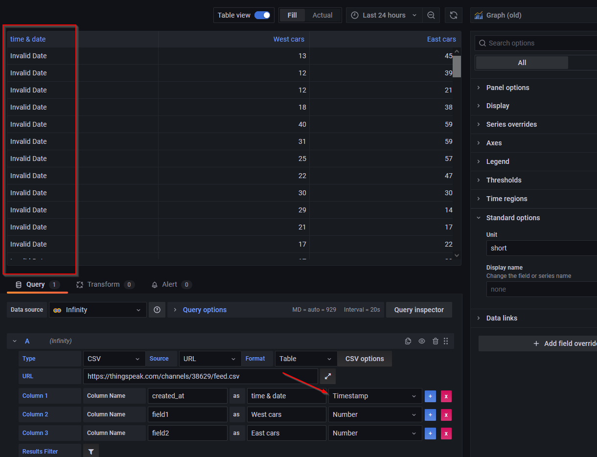 Graph/plotting issues with CSV file and Grafana 8 · grafana grafana-infinity-datasource ...
