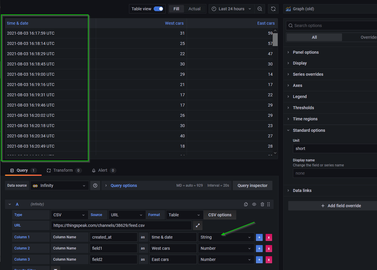 Graph/plotting issues with CSV file and Grafana 8 · grafana grafana-infinity-datasource ...