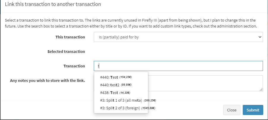 Creation of link between transactions- Add amount in autocomplete list of transactions · Issue ...