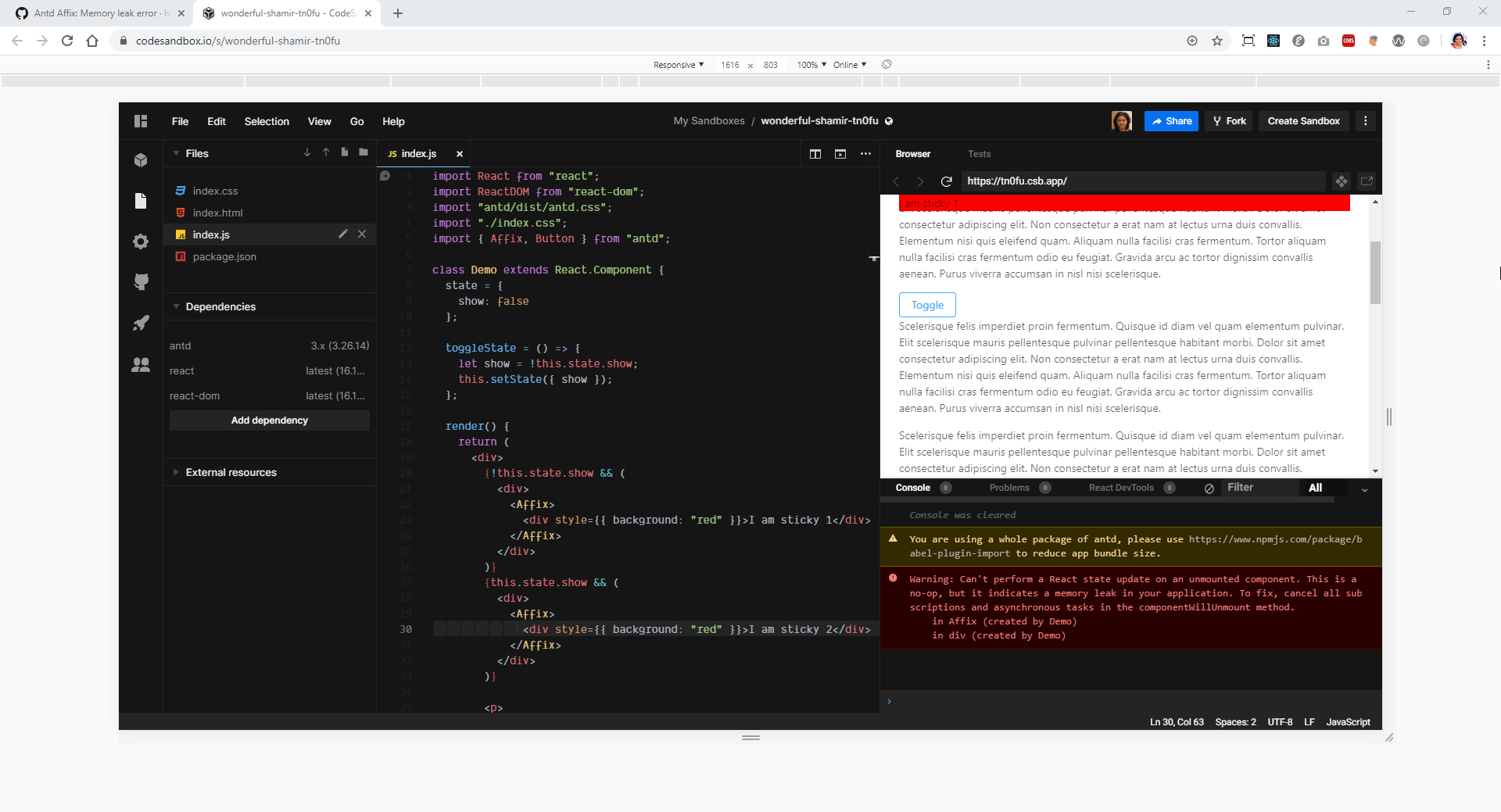 Antd Affix: Memory leak error · Issue #22683 · ant-design/ant-design ...
