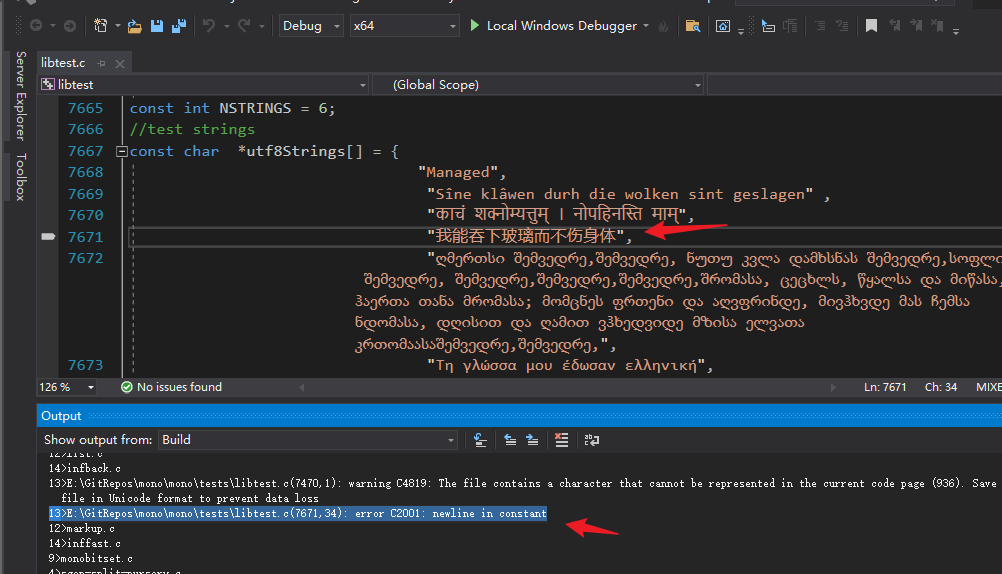>Build error :\mono\mono\tests\libtest.c(7671,34): error C2001: newline ...