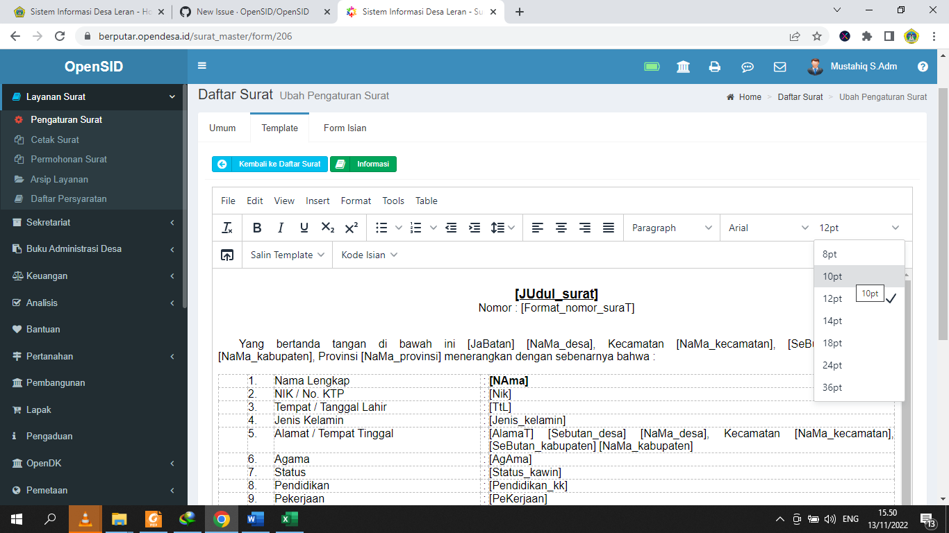 Permintaan fitur: Tambahkan ukuran huruf 9pt 11pt 16pt 20pt 22pt pada Template Pengaturan Surat ...