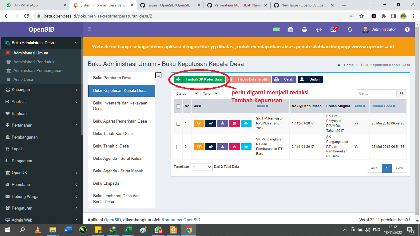 Bug/error: Ubah Nama Redaksi SK menjadi Keputusan, dan Perbaiki Output Cetak Buku Keputusan ...