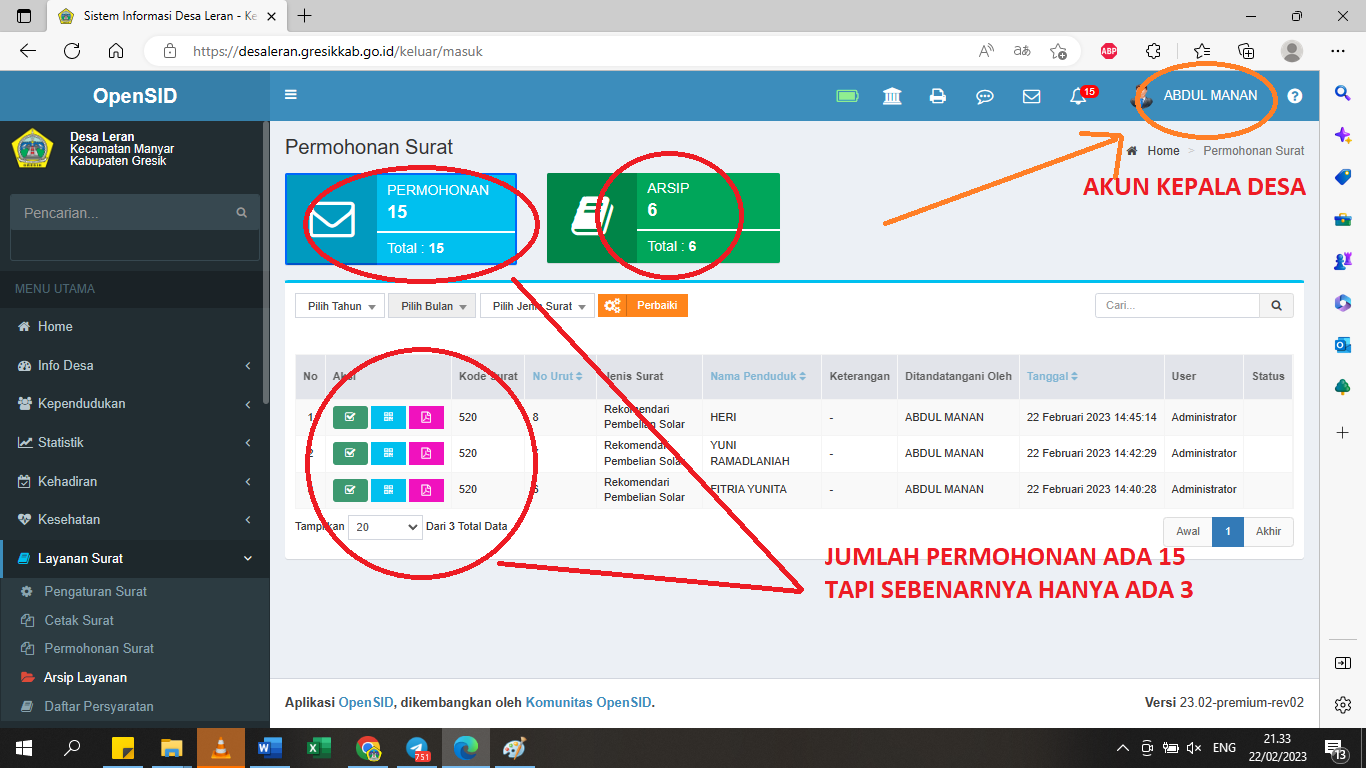 Bug/error: Tidak sesuai nya Jumlah Permohonan dan Jumlah Arsip pada Layanan Surat di Akun ...