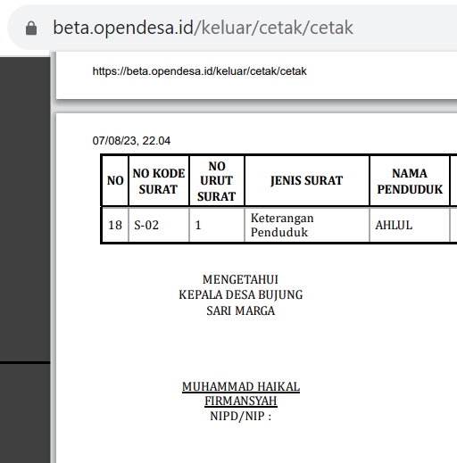 Bug/error: Hasil Cetak Data Arsip Layanan Surat, Nama dan Jabatan Kepala Desa menjadi dua baris ...