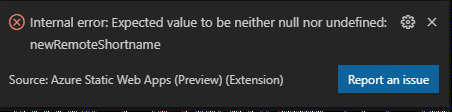 Fail to create a basic static web app with "Publish local code to a new GitHub repository ...