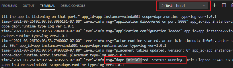 The Terminal window is "Task-build" instead of "Task-daprd-debug" after debugging the .NET core ...