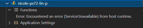 An error "ServiceUnavailable" shows under "Functions" node of one Linux ...