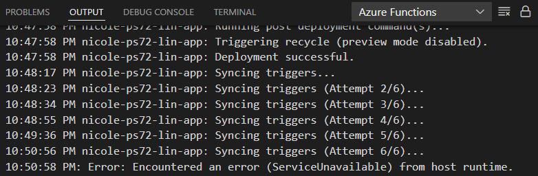 An error "ServiceUnavailable" shows under "Functions" node of one Linux ...