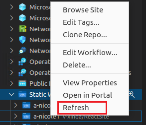 There is no response after clicking "Refresh" from context menu of the "Static Web Apps" node ...