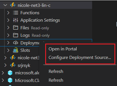There are two extra actions in "Deployments" context menu after installing App Service extension ...