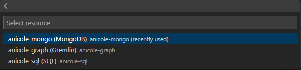 All database accounts display in the list when executing "Graph (Gremlin): Create Database ...