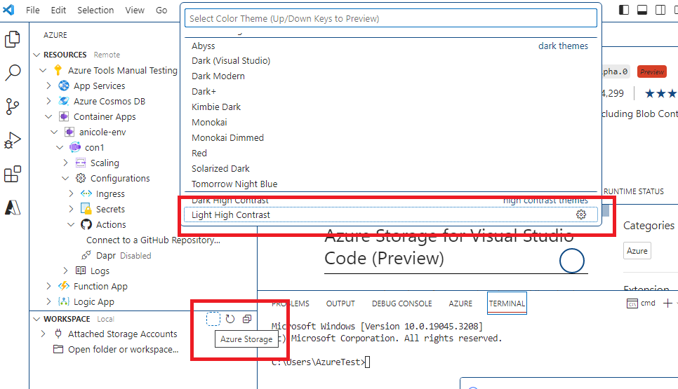 The "Azure Storage" icon is invisible in the Workspace view after ...