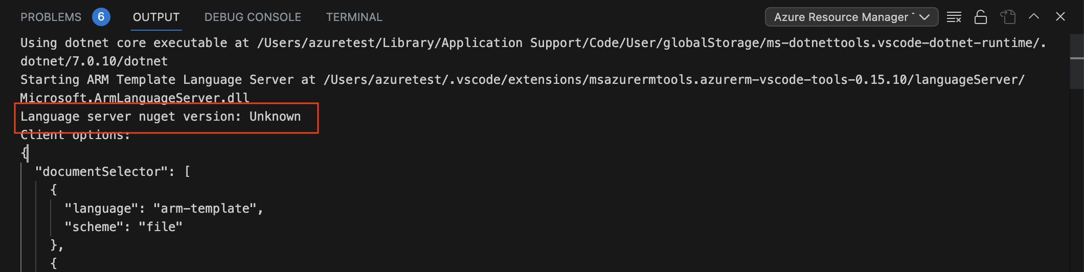 The "Language server nuget version" is "Unknown" in the Output window of the "Azure Resource ...