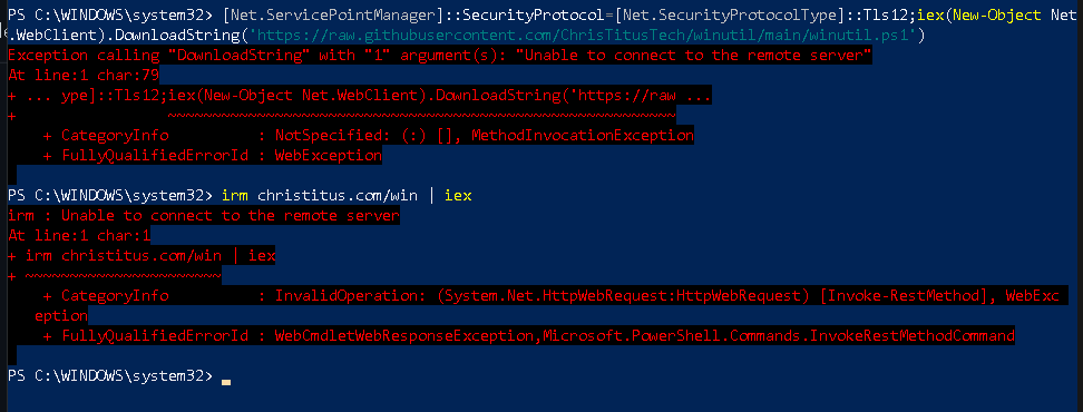 Unable to connect to the remote sever · Issue #593 · ChrisTitusTech/winutil · GitHub