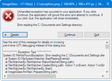Unhandled exception for FileSystemWatcher when opening image in folder with system created ...