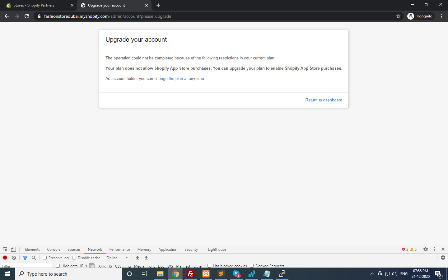 Getting upgrade your account message when selecting billing plan in development store · Issue ...