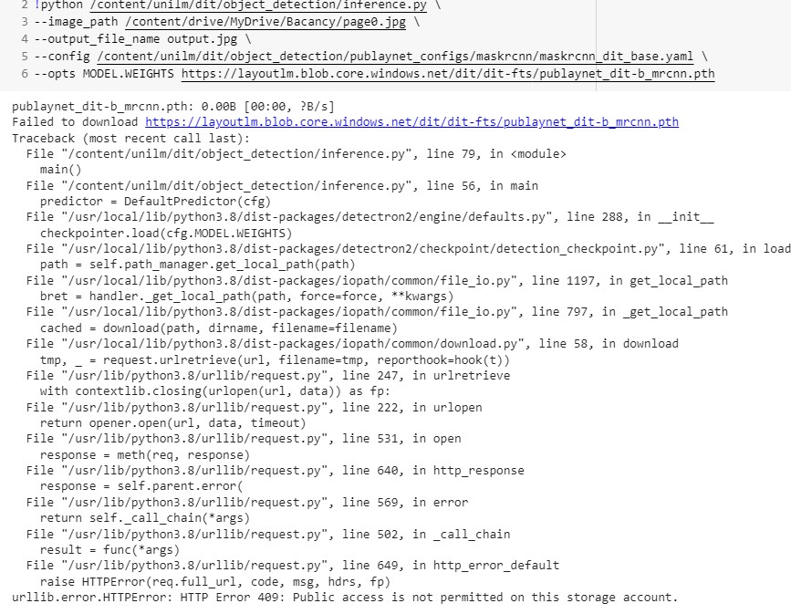 Failed to download https://layoutlm.blob.core.windows.net/dit/dit-fts/publaynet_dit-b_mrcnn.pth ...