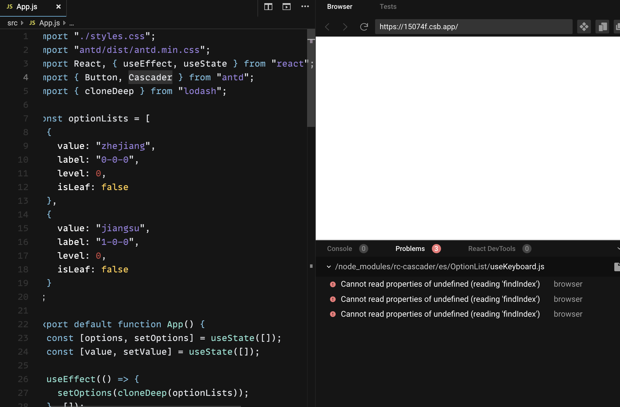 Cascader loadData 选择到第三级，点击清空按钮，在清空回调，设置只有一级的options 会崩溃报错 · Issue #34563 · ant-design/ant ...