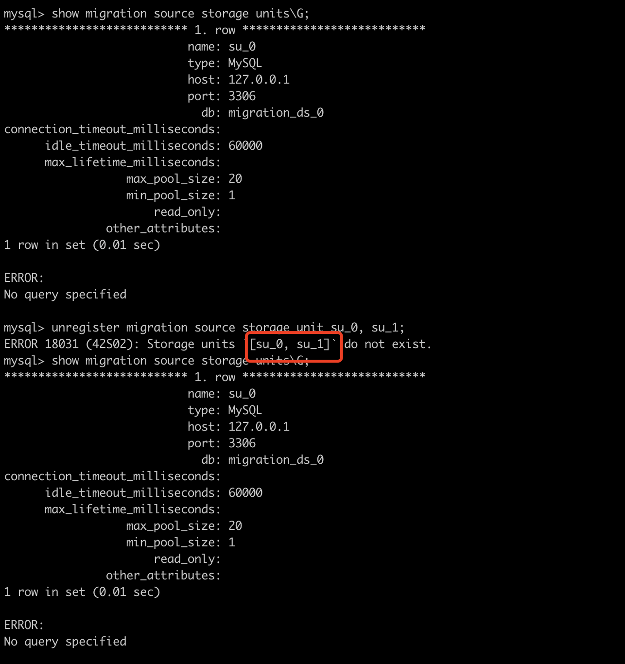 Unregister multiple migration source storage units, when one unexist exception all storage units ...